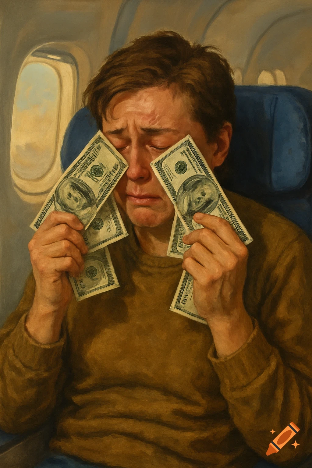 Painting of a crying person in a plane seat wiping tears with dollar ...