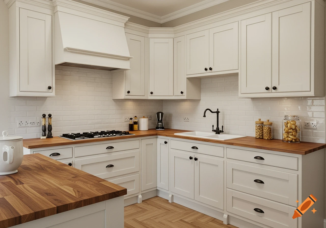 Corner kitchen with off-white cabinets and butcher block countertops on ...