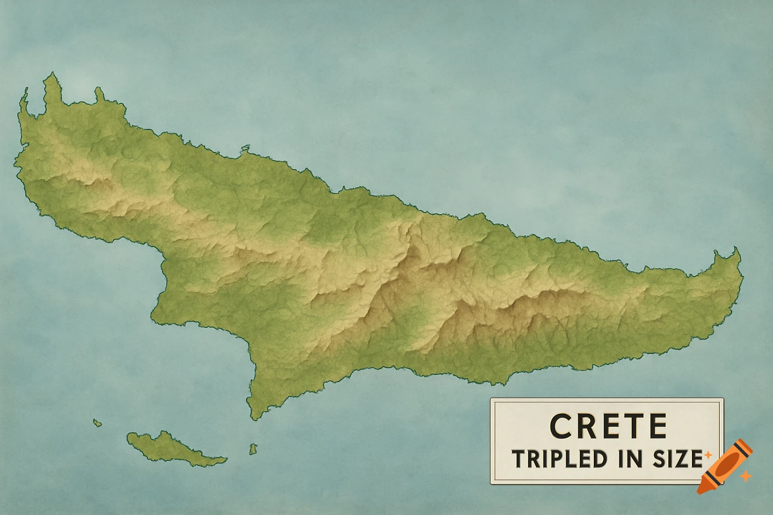 An illustrated map showing the island of Crete tripled in size, with ...