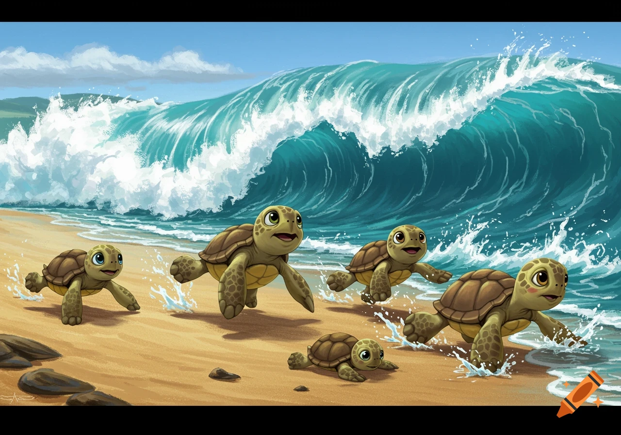 Baby turtles running to the ocean on Craiyon