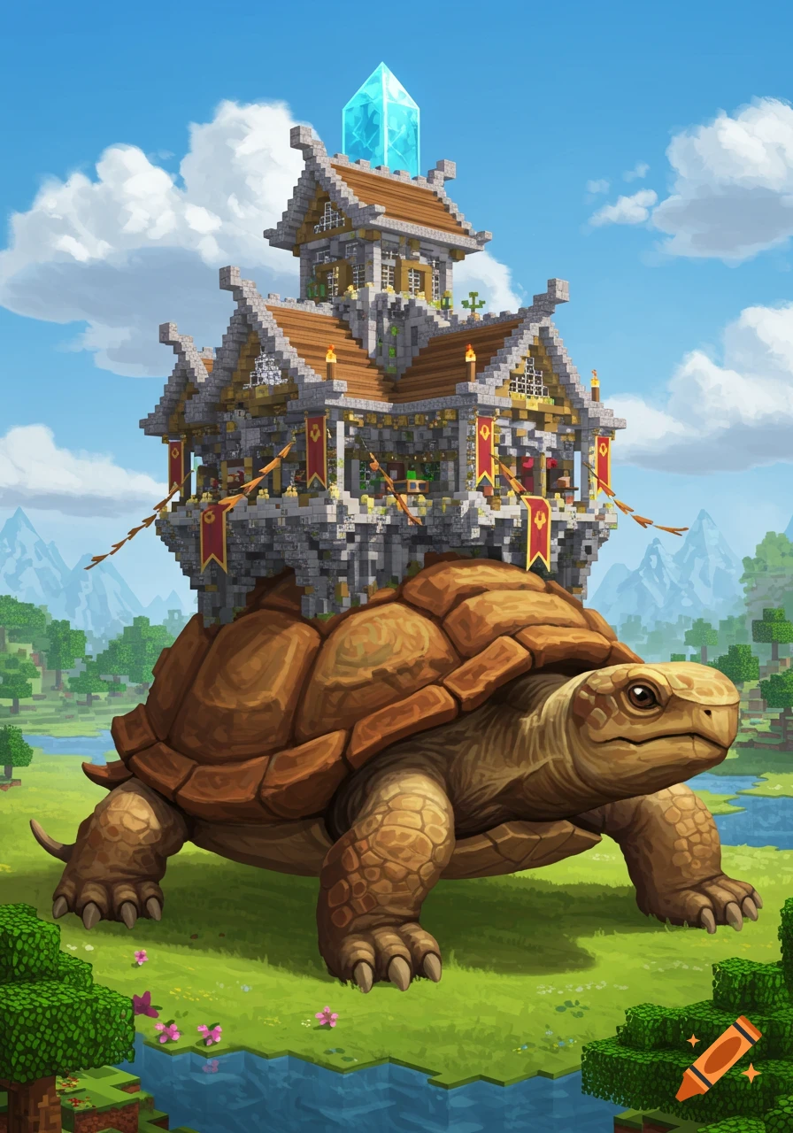 Minecraft palace with blue prismarine roof on a turtle on Craiyon