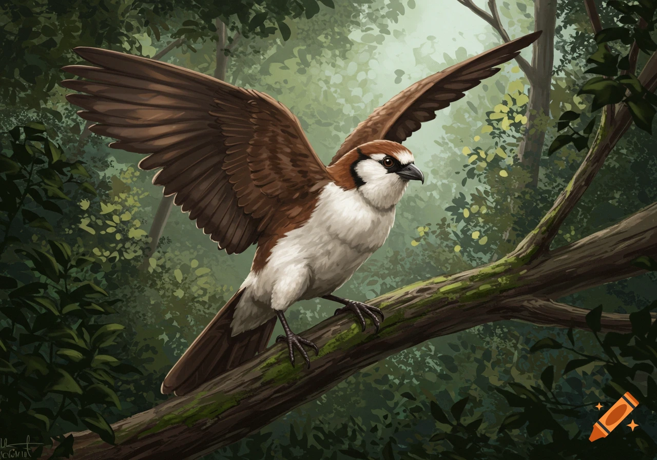 A realistic image of a small brown and white bird perched on mossy ...