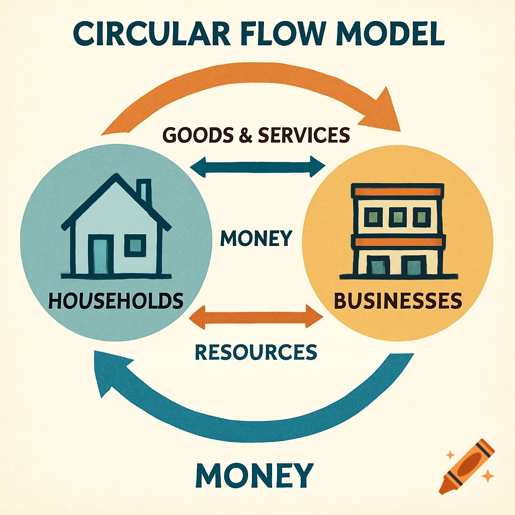 Circular flow model diagram showing households, businesses, money, and ...
