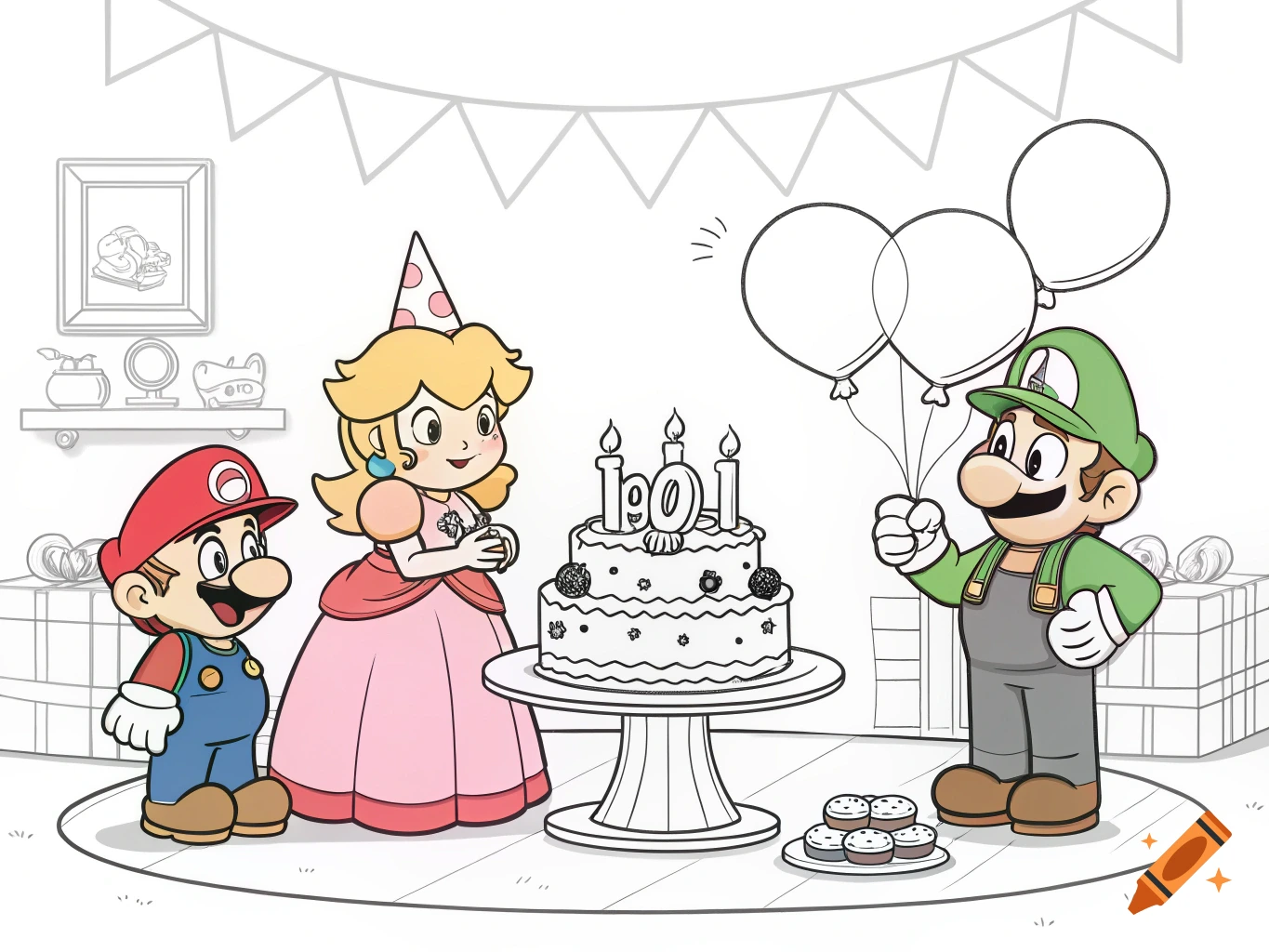Mario, Peach, Toad, and Luigi birthday party outline drawing on Craiyon