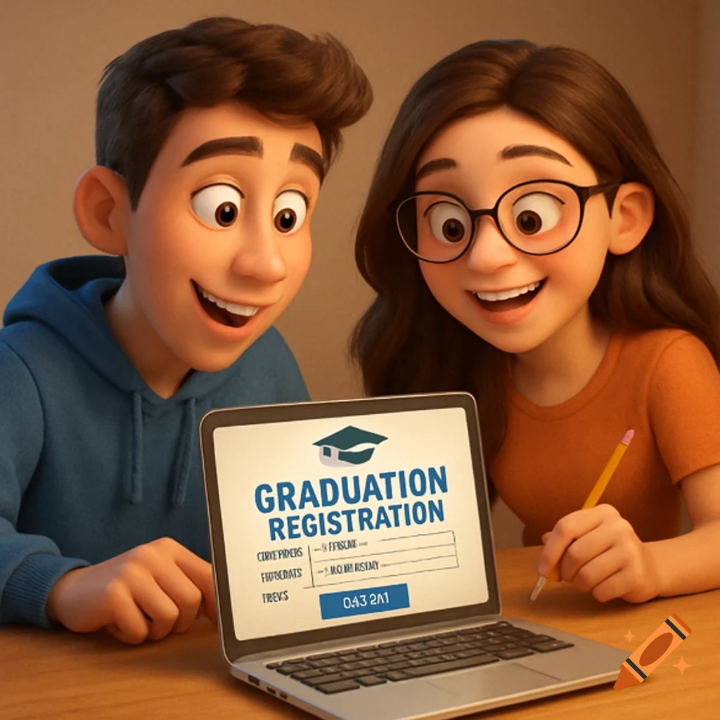 Two animated high school students look at a laptop screen with a ...
