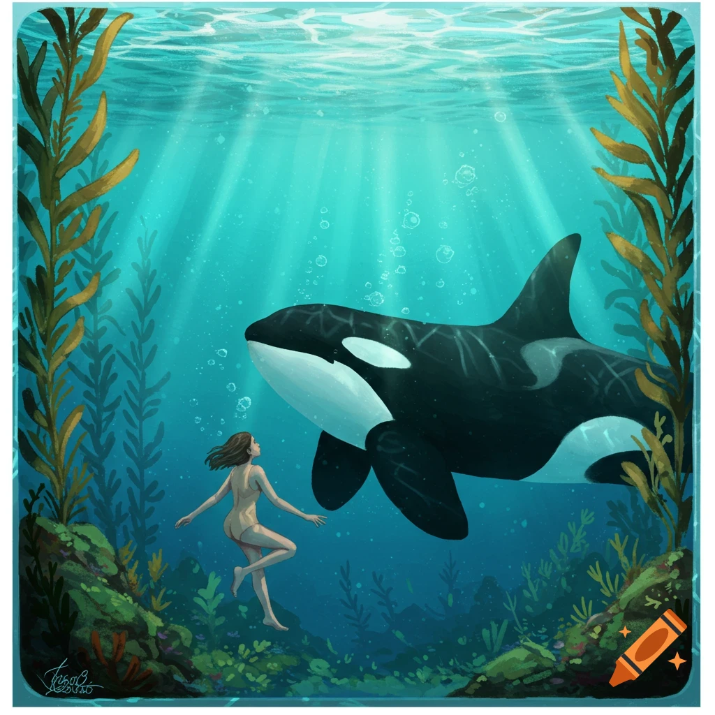 Human in a tank observed by an orca. on Craiyon