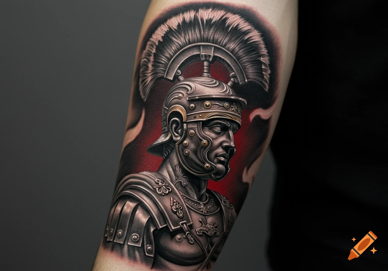 Roman centurion tattoo, black and grey realism with red on Craiyon