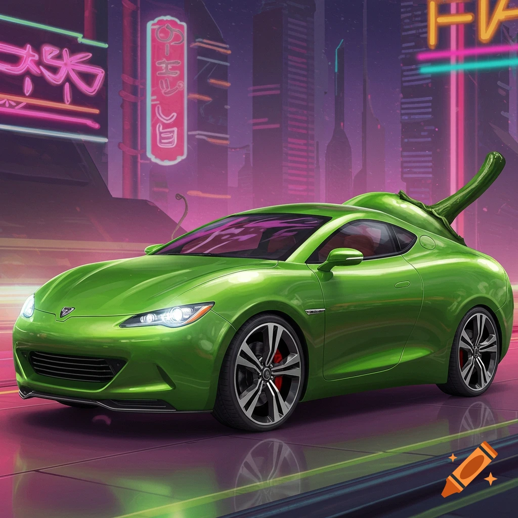 A green car shaped like a jalapeño pepper in a futuristic city with ...