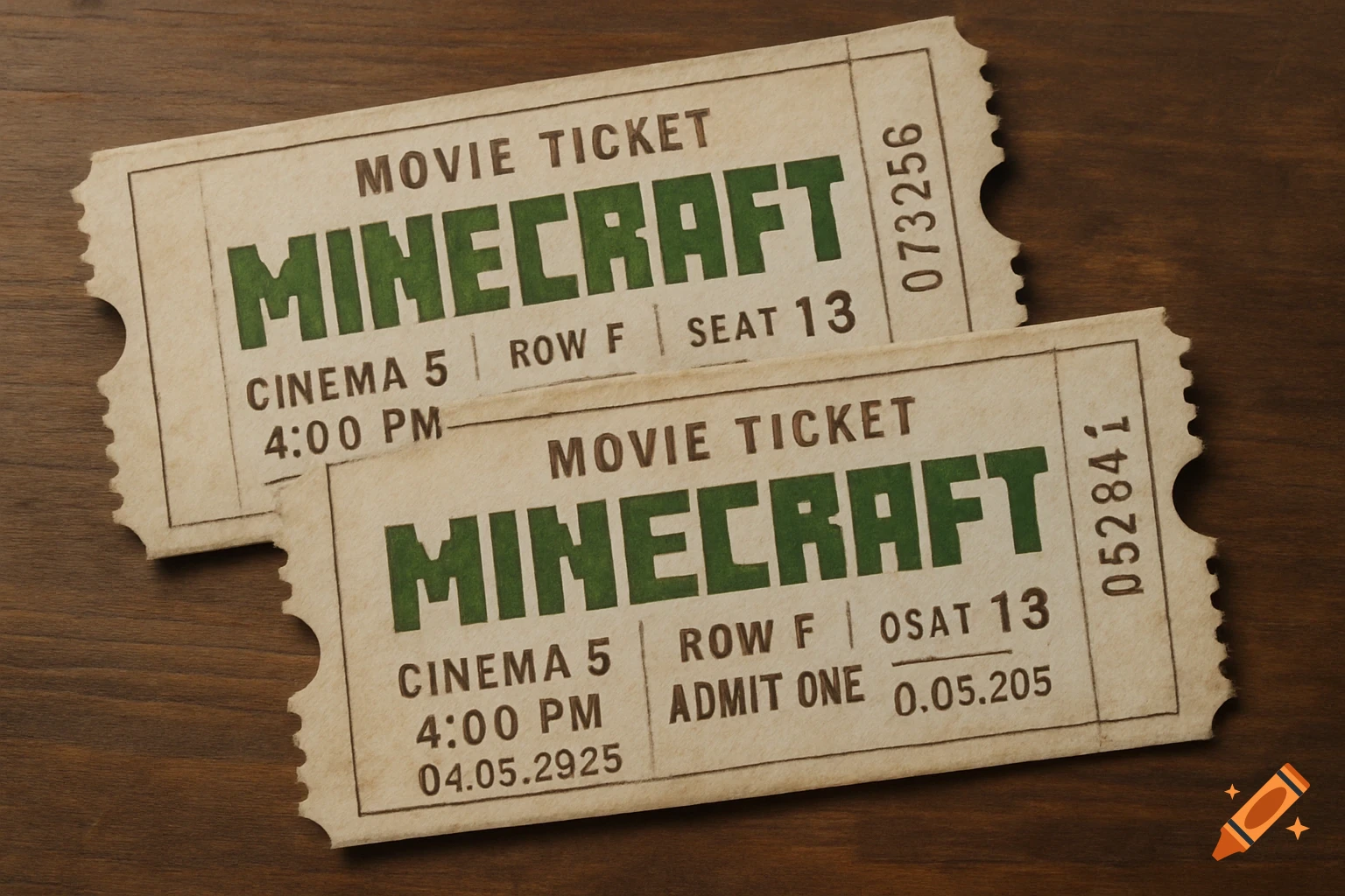 Two realistic images of Minecraft movie tickets. on Craiyon