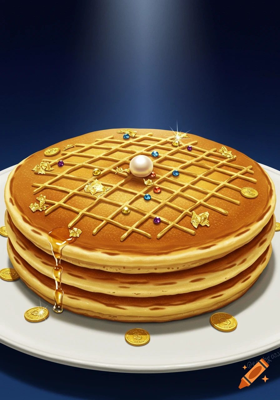 Luxurious pancakes topped with gold, jewels, and a pearl, with syrup ...