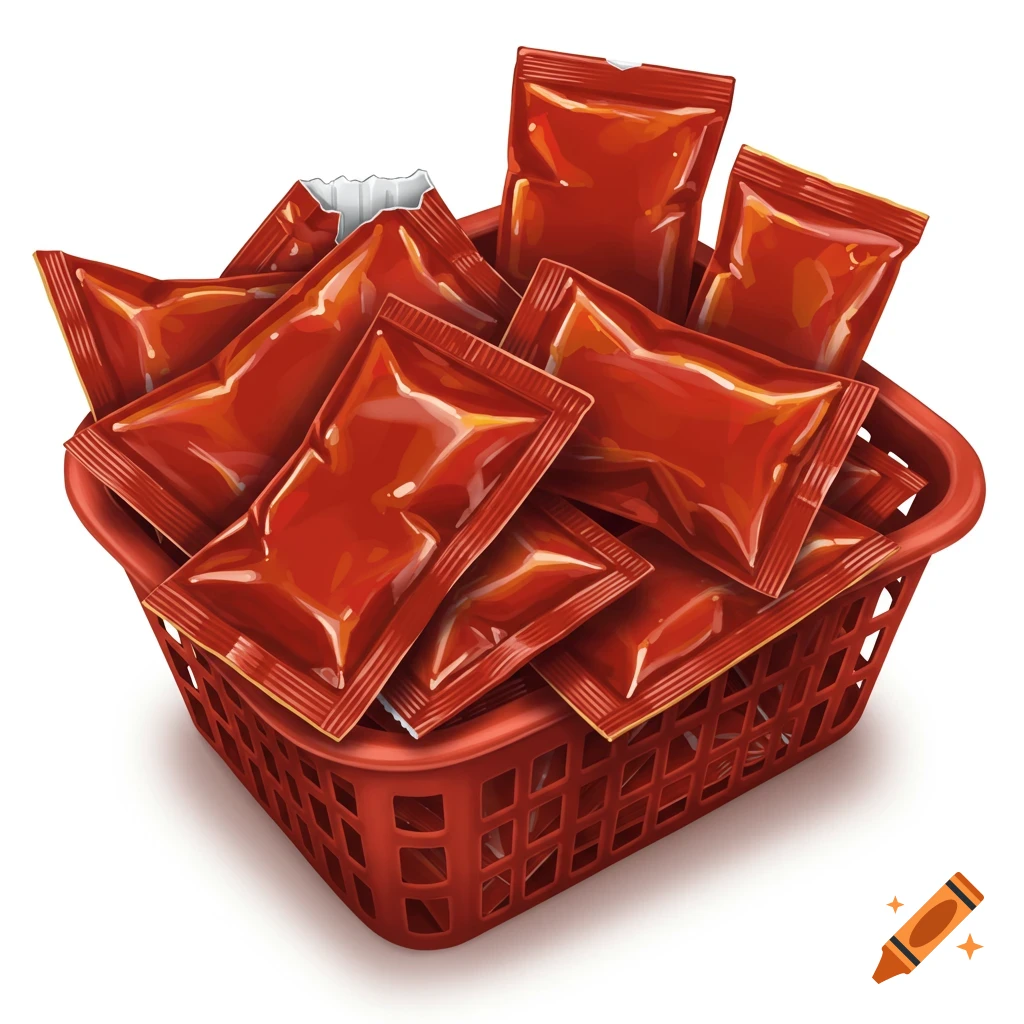 A red basket filled with shiny red ketchup packets. on Craiyon
