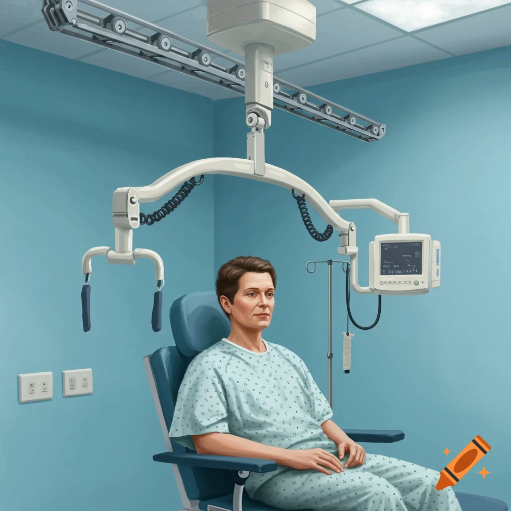 A patient is sitting in a chair in a medical room with a ceiling lift ...