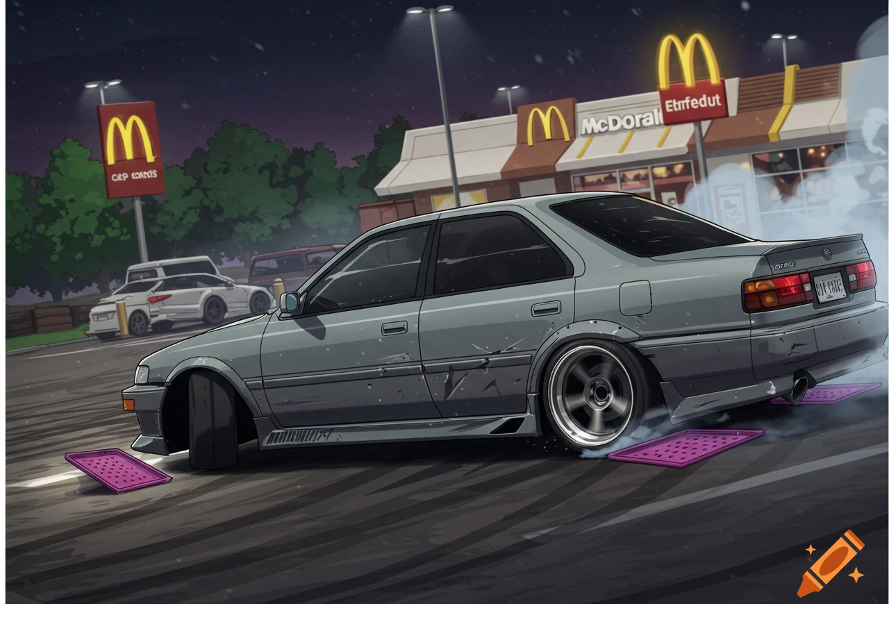 Anime style illustration of a calico cat driving a purple Nissan 240SX ...