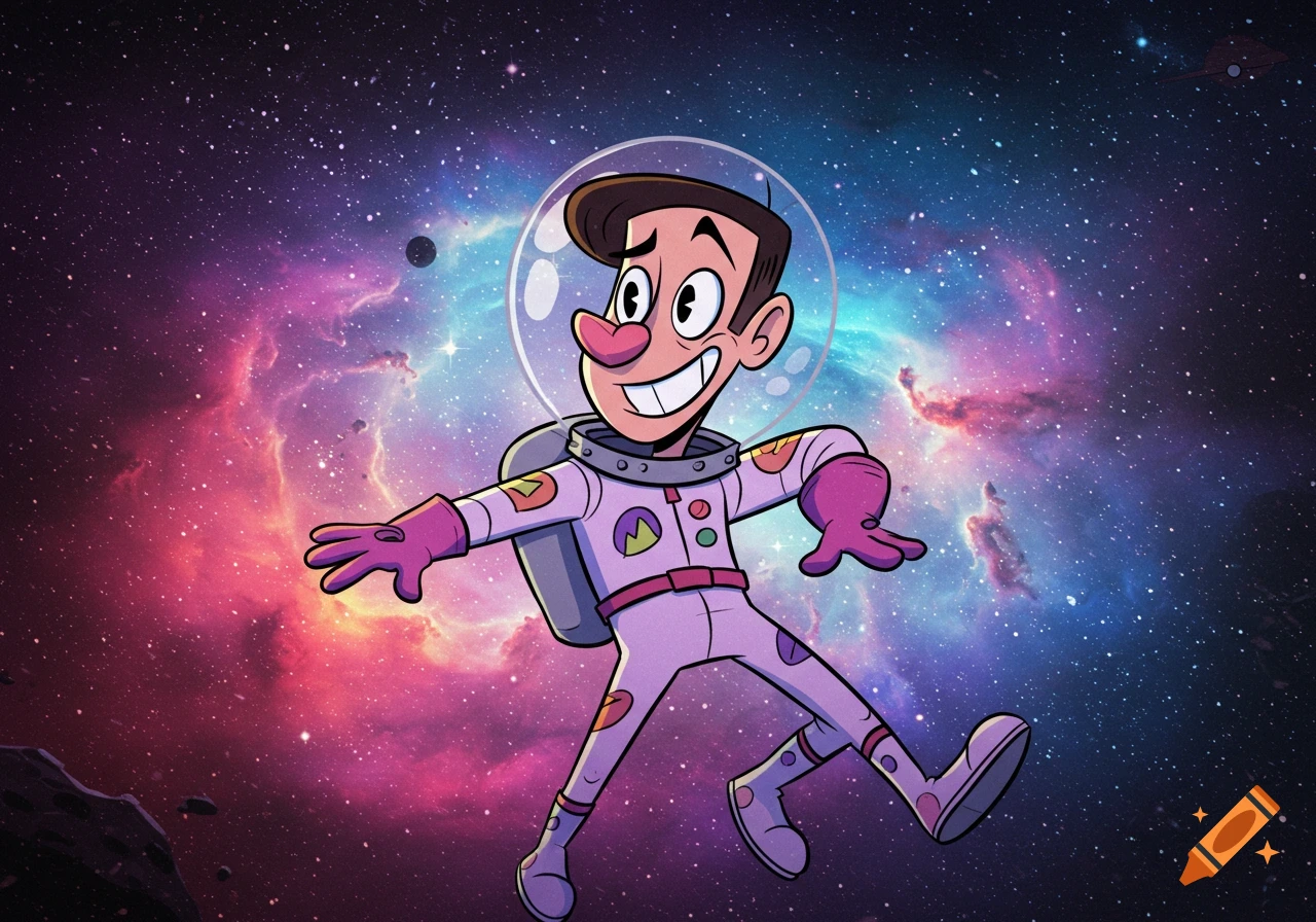 A colorful cartoon illustration of a character in an astronaut suit ...