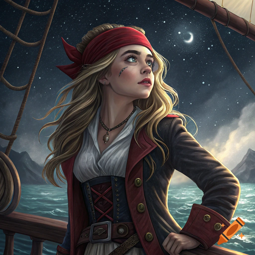 Three pirate women with swords stand on a ship deck at sunset, fantasy ...