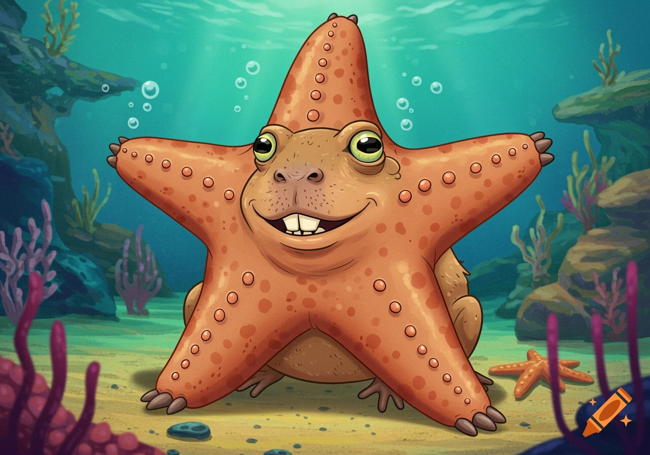 A surprised cartoon clam with wide-open shells on a sandy ocean floor ...