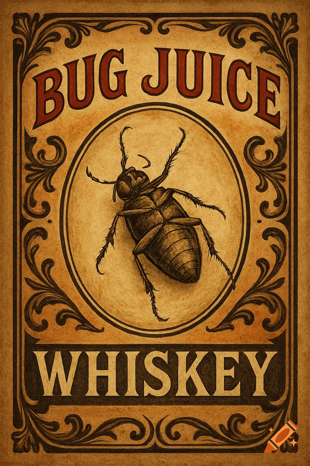 Bug Juice whiskey bottle label with dead bug logo on Craiyon