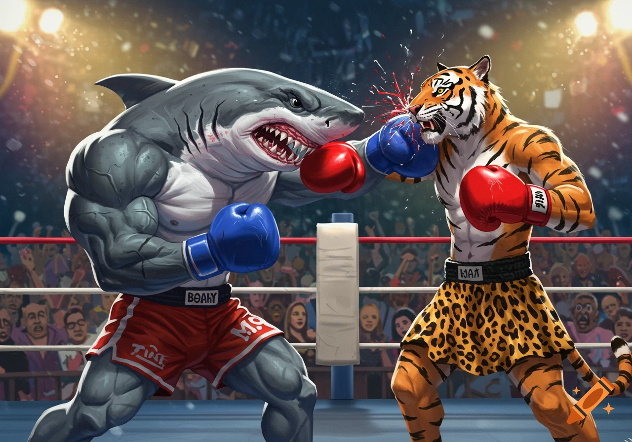 Muscular shark punching tiger in skirt in boxing ring on Craiyon