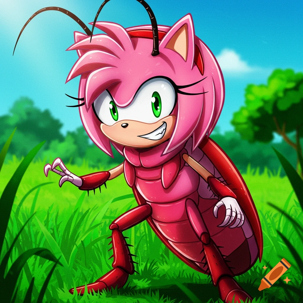 Amy Rose as a pink cockroach standing in grass. on Craiyon