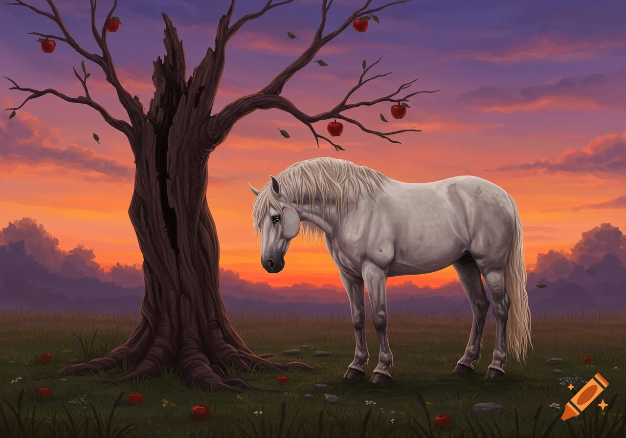 A white horse stands next to an apple tree at sunset. on Craiyon