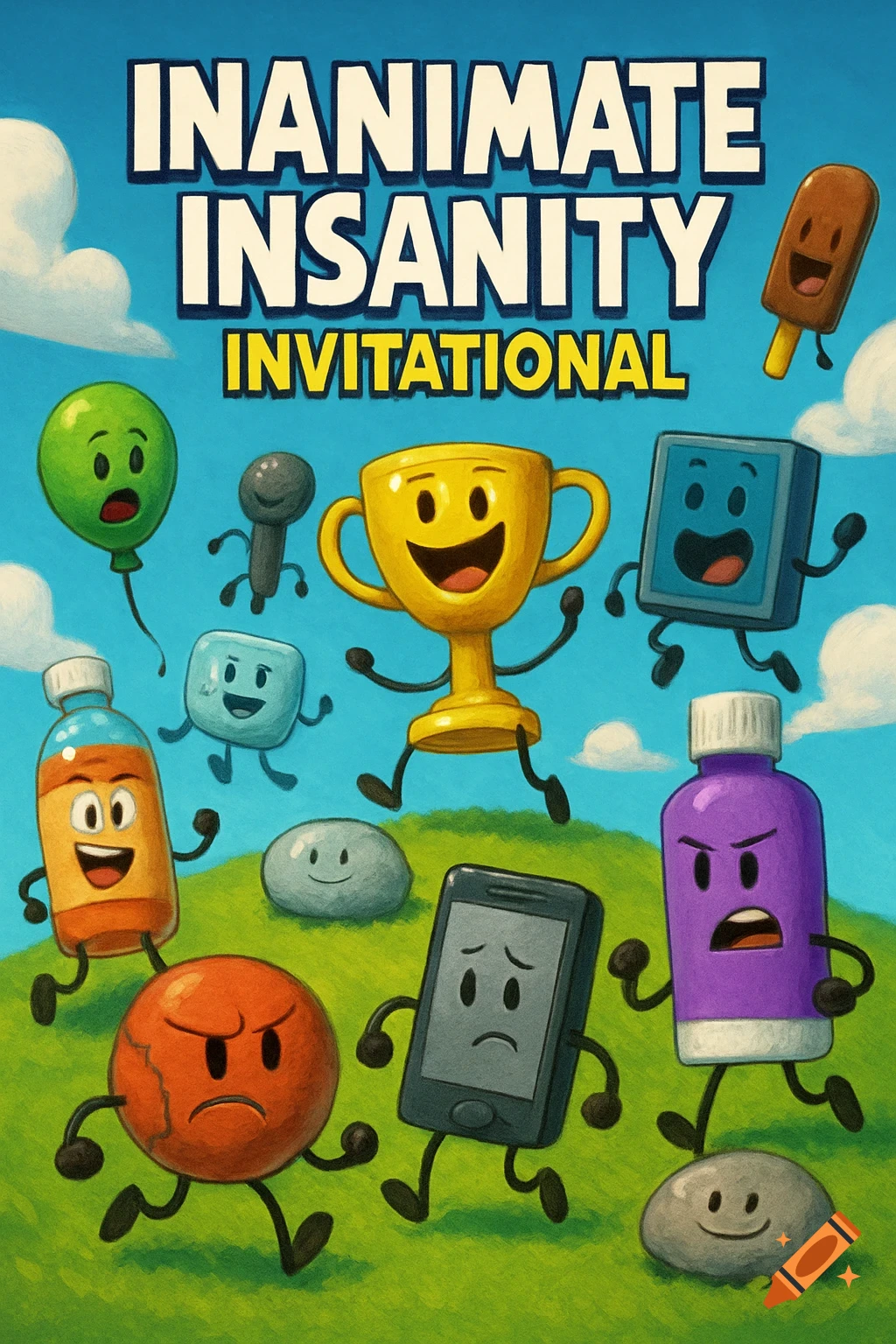 Cartoon characters from Inanimate Insanity, including a trophy and ...