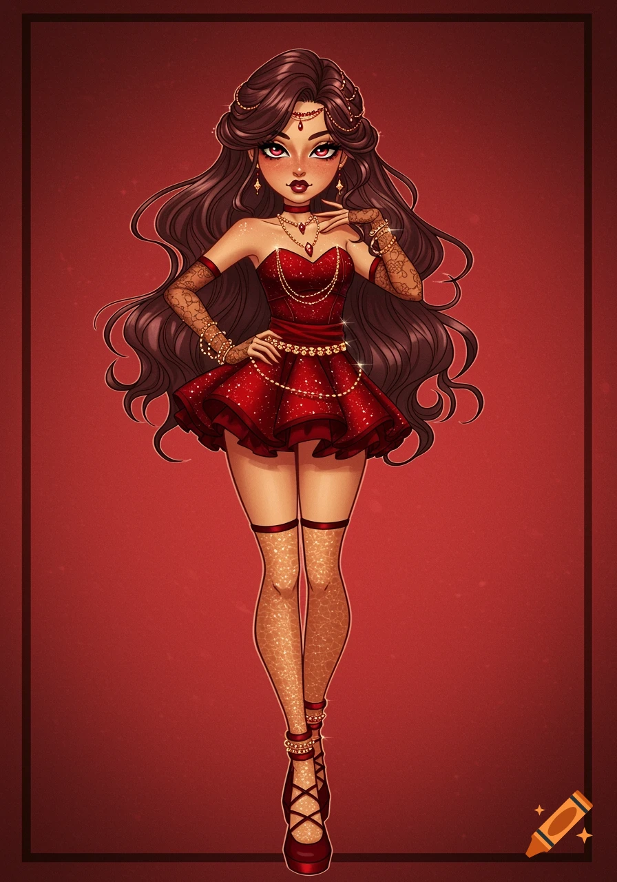 Rose red daughter with honey beige skin, dark brown hair, red outfit ...