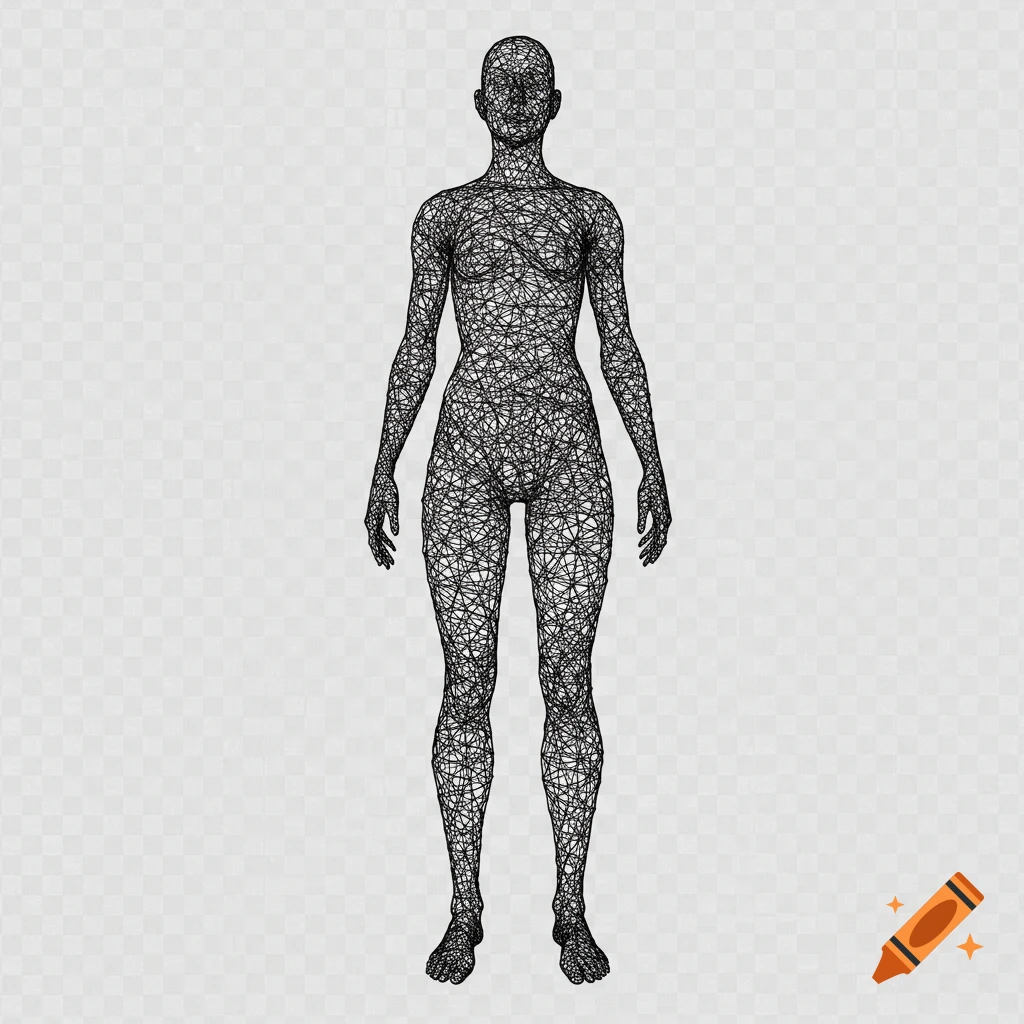 A wireframe human figure made of black threads. on Craiyon