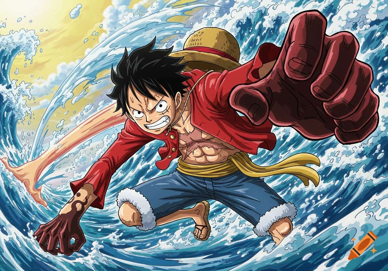 Anime illustration of Luffy from One Piece punching forward on the sea ...