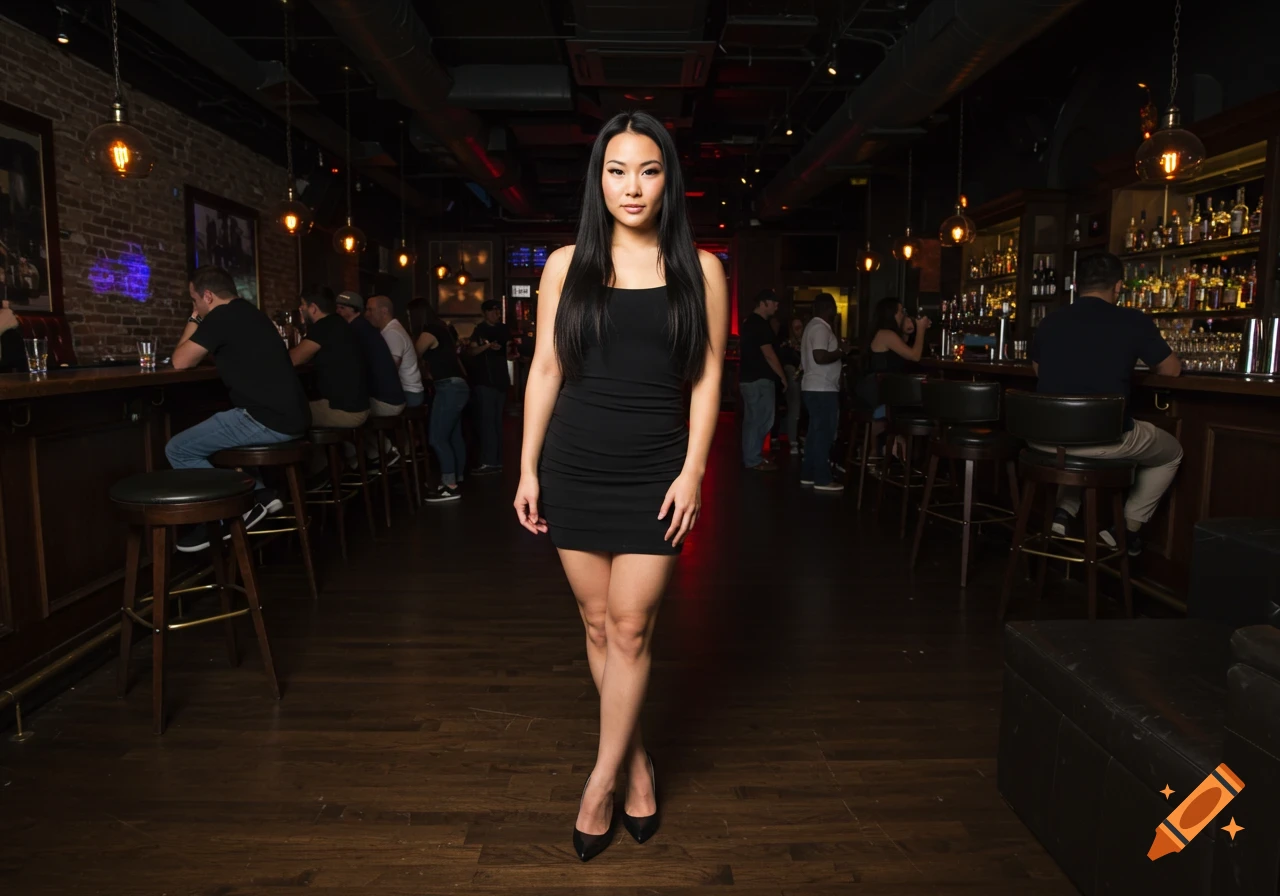 A woman in a black dress stands in a bar. on Craiyon