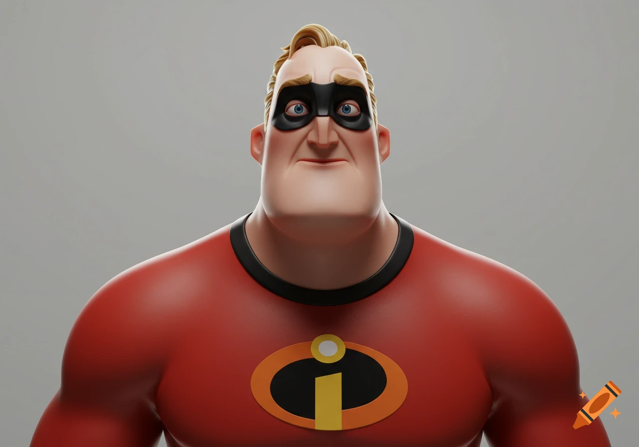 A 3D render of Mr. Incredible with a slightly distorted, uncanny face ...
