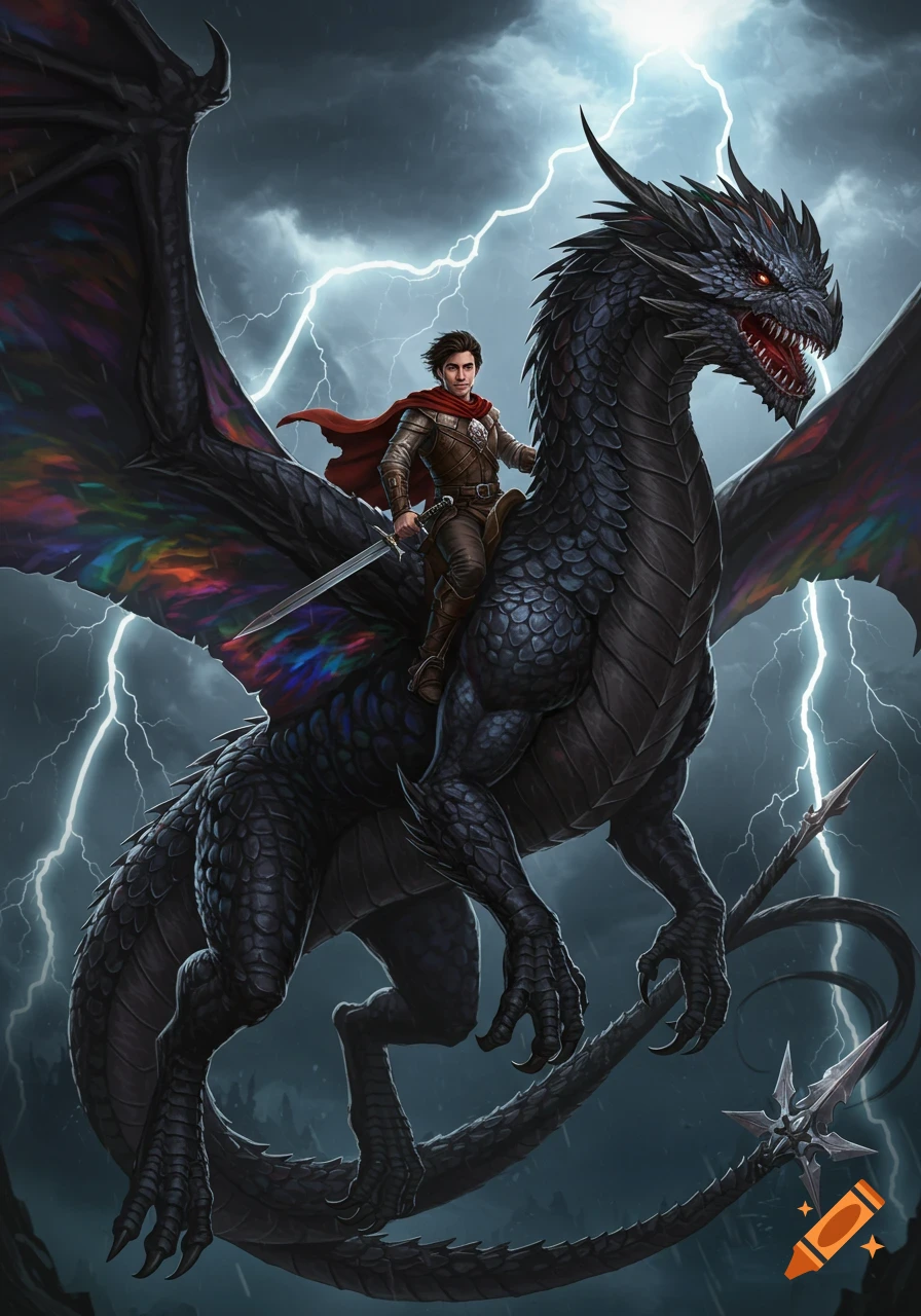 A man riding a black dragon during a thunderstorm. on Craiyon