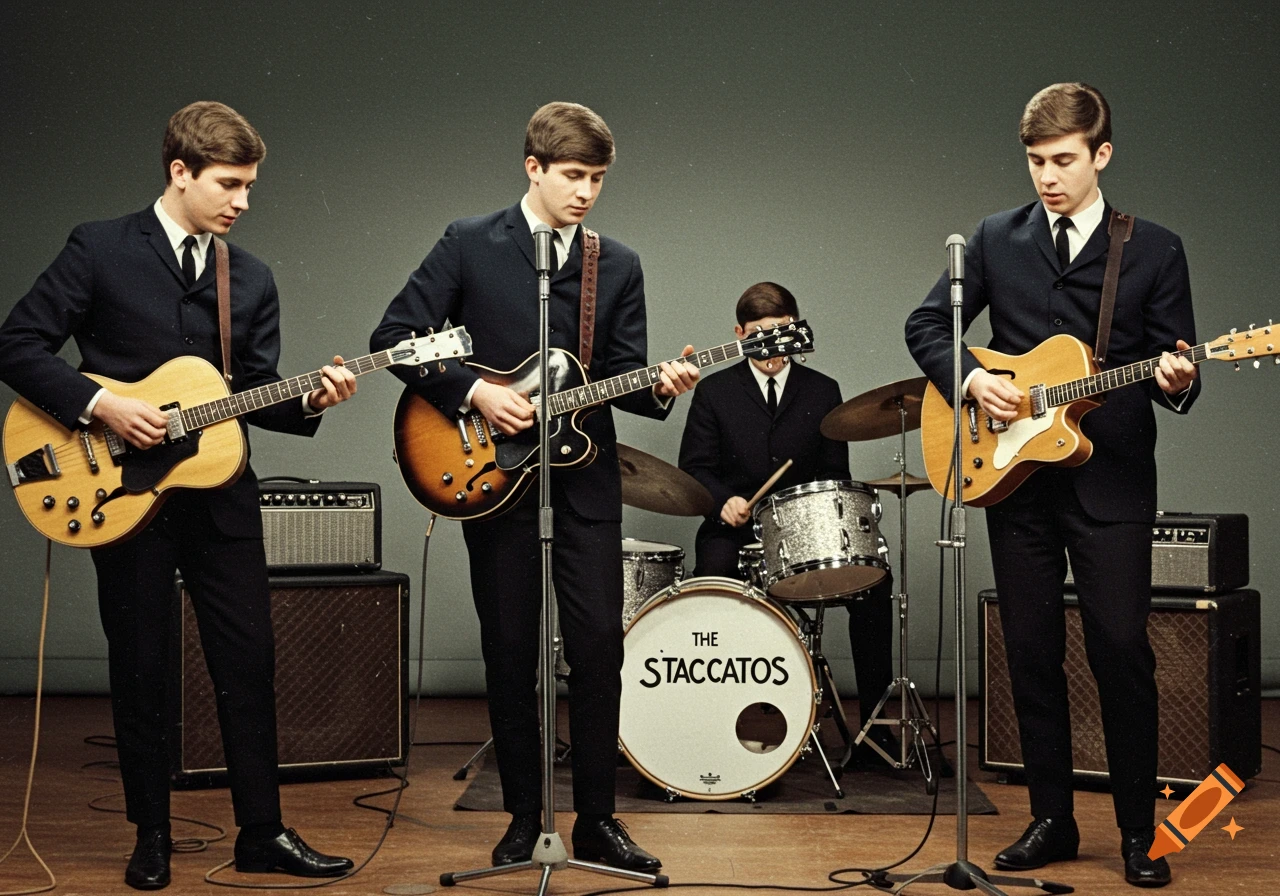 A band of four men in suits play guitars and drums on a stage. on Craiyon