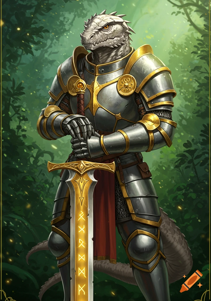 Grey lizardfolk paladin holding a shining gold greatsword on Craiyon