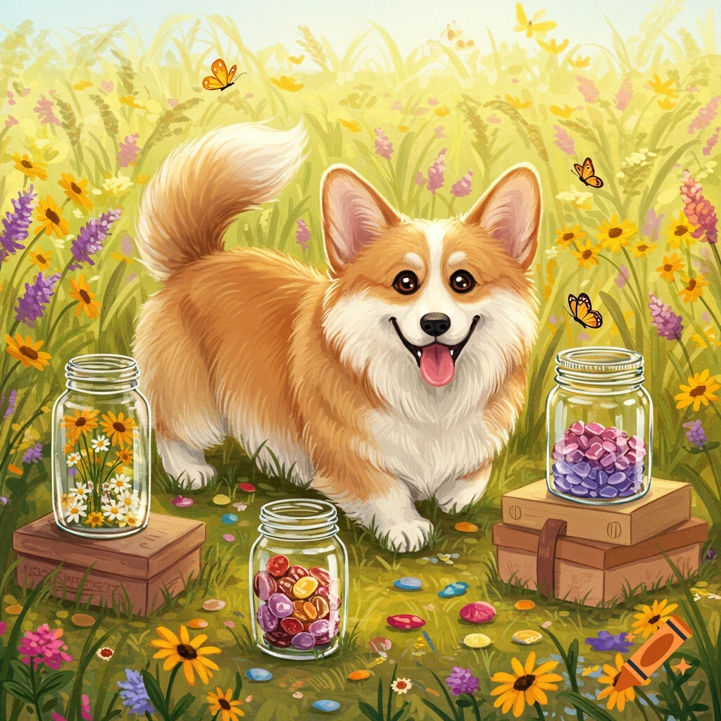 A cheerful Corgi stands in a flowery meadow with jars of flowers and ...