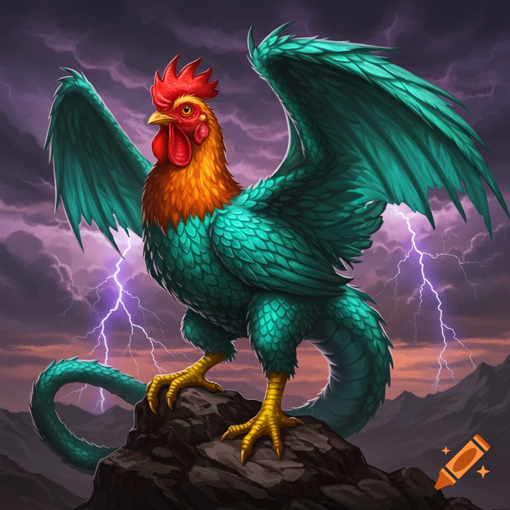 Photorealistic glowing chicken with red eyes in swirling vortex of ...