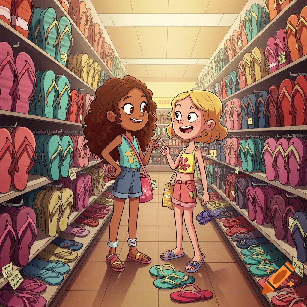 Two cartoon girls shop for colorful flip flops in a shoe store. on Craiyon