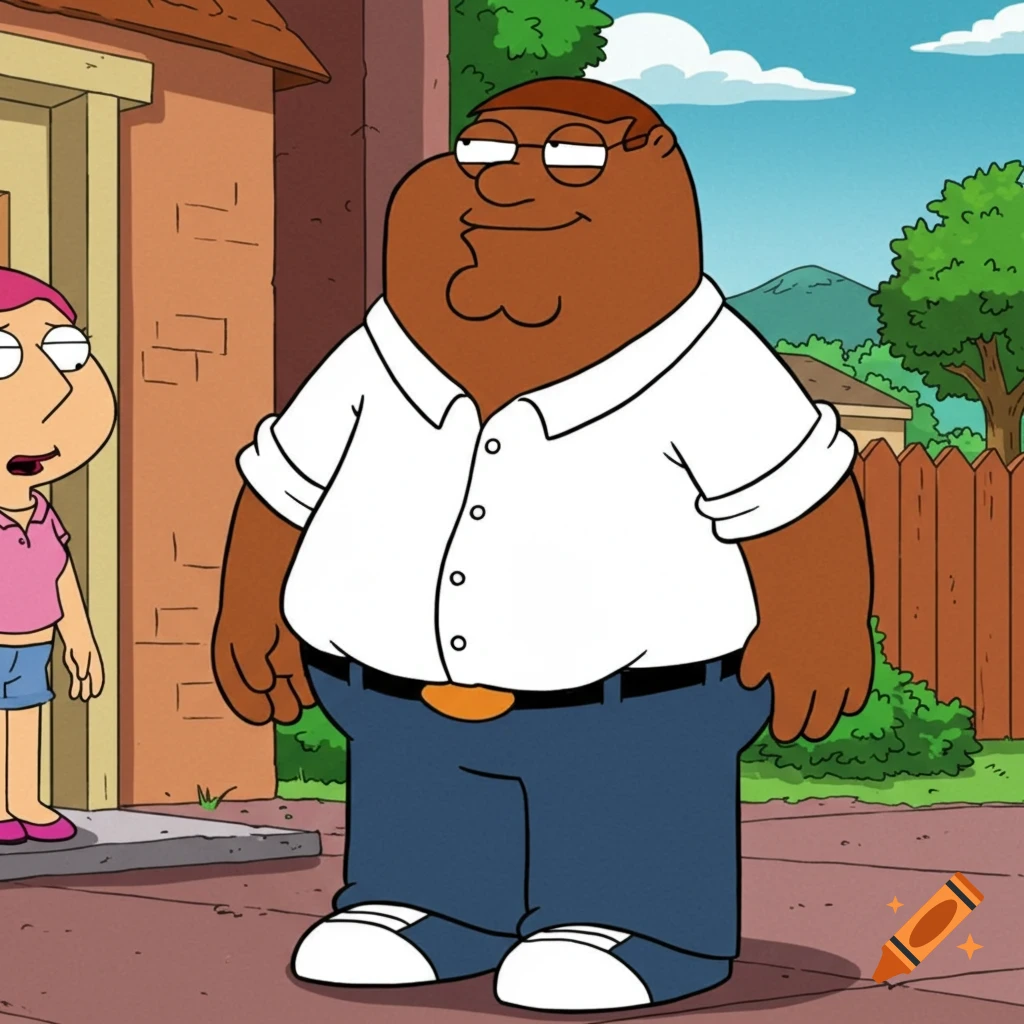 Peter Griffin from Family Guy with darker skin standing outside a house ...