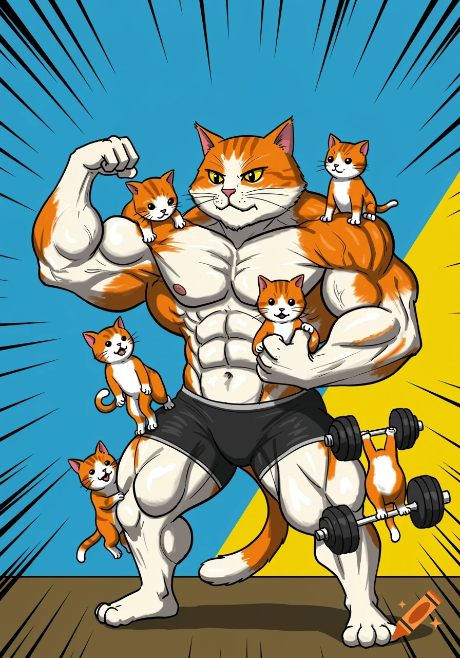 Jacked cat flexing with kittens on Craiyon