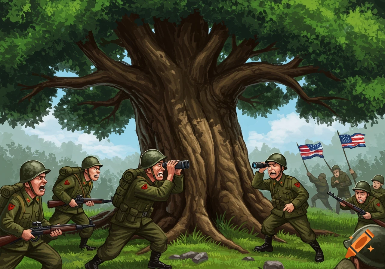 Cartoon soldiers with binoculars and rifles near a giant tree. on Craiyon