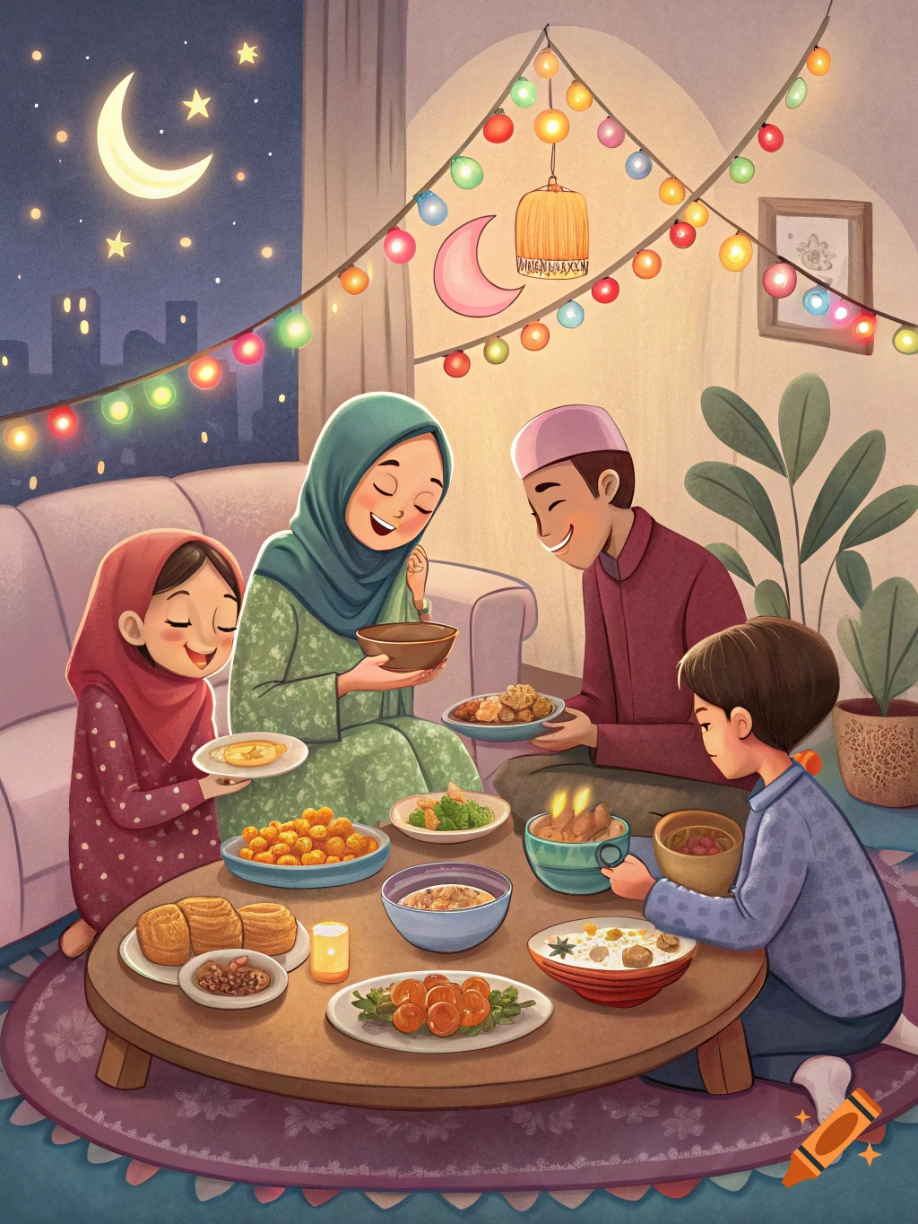 An illustration of a Muslim family eating a meal together during ...