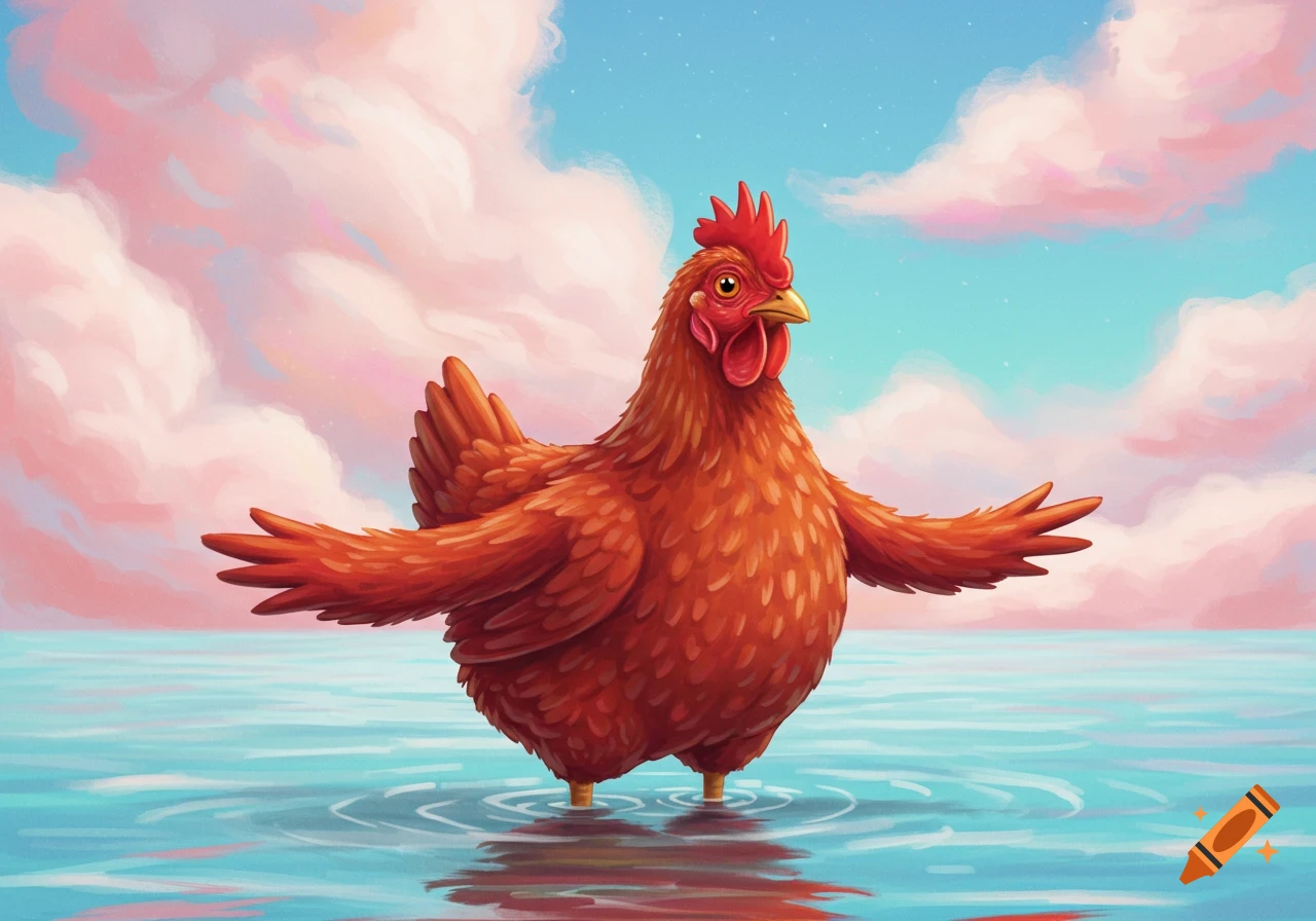 A photorealistic brown chicken with outstretched wings stands in a ...