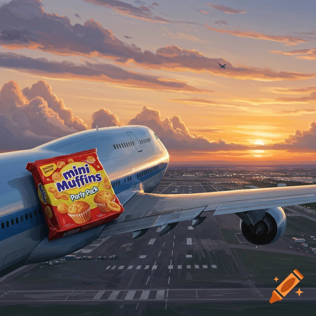 Mini Muffins Party Pack bag on the wing of a Boeing 747 landing at ...