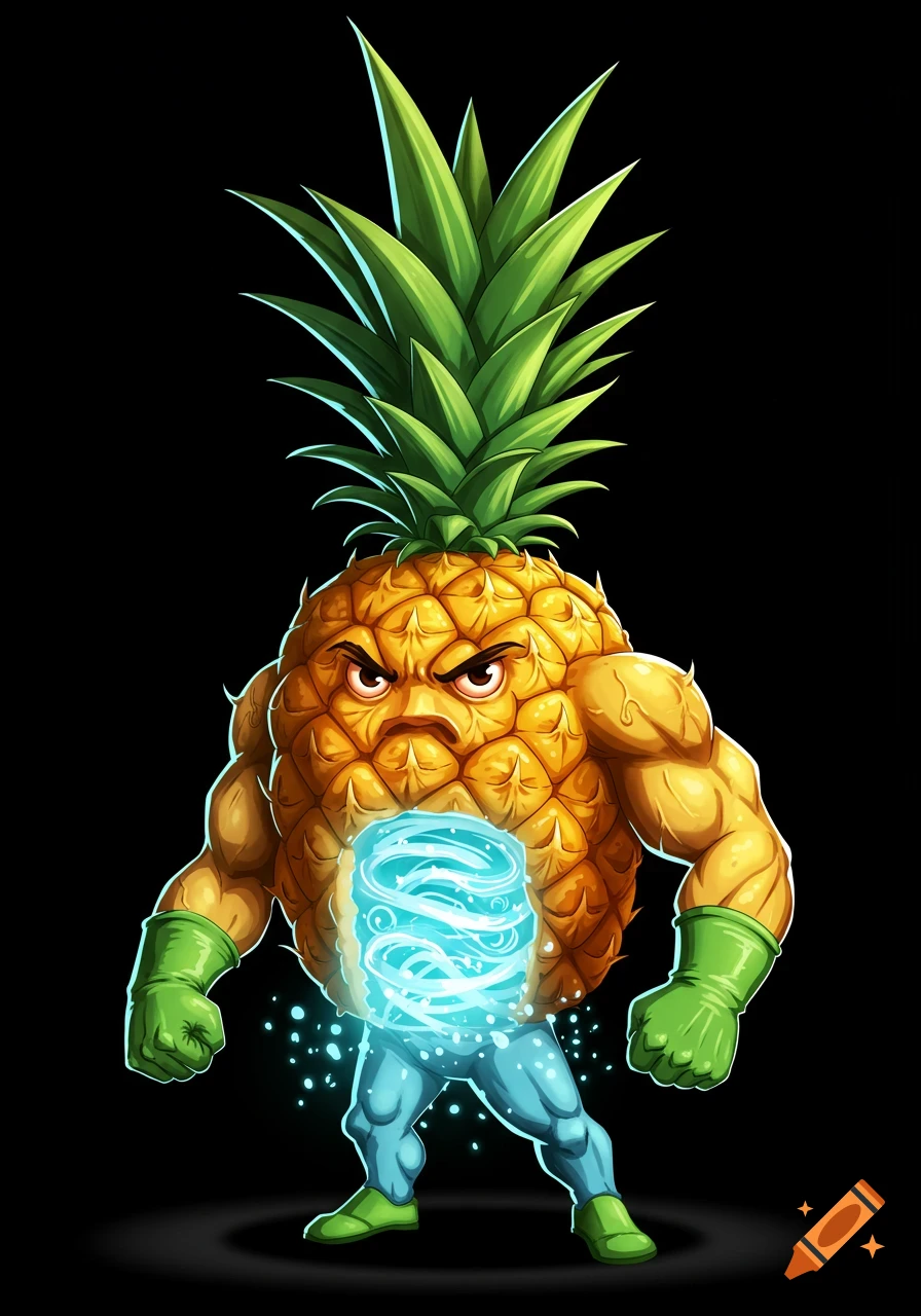 A muscled pineapple superhero wearing a green cape and boots stands in ...