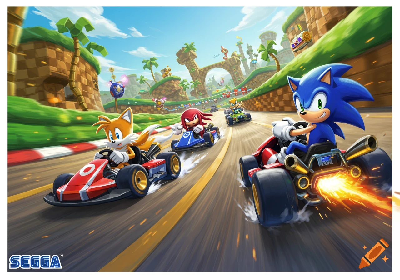 Sonic, Tails, and Knuckles racing go-karts on a track. on Craiyon