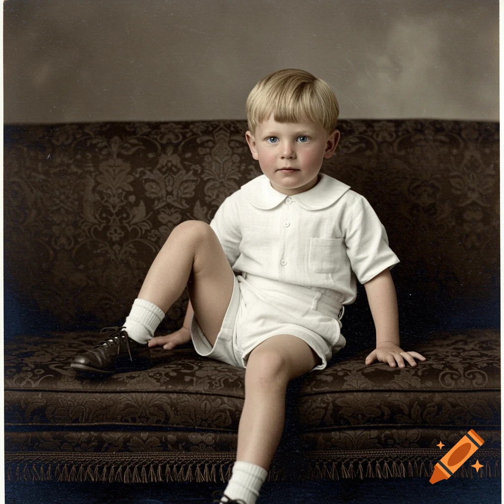 Vintage photo of a little Scottish boy sitting on a couch on Craiyon