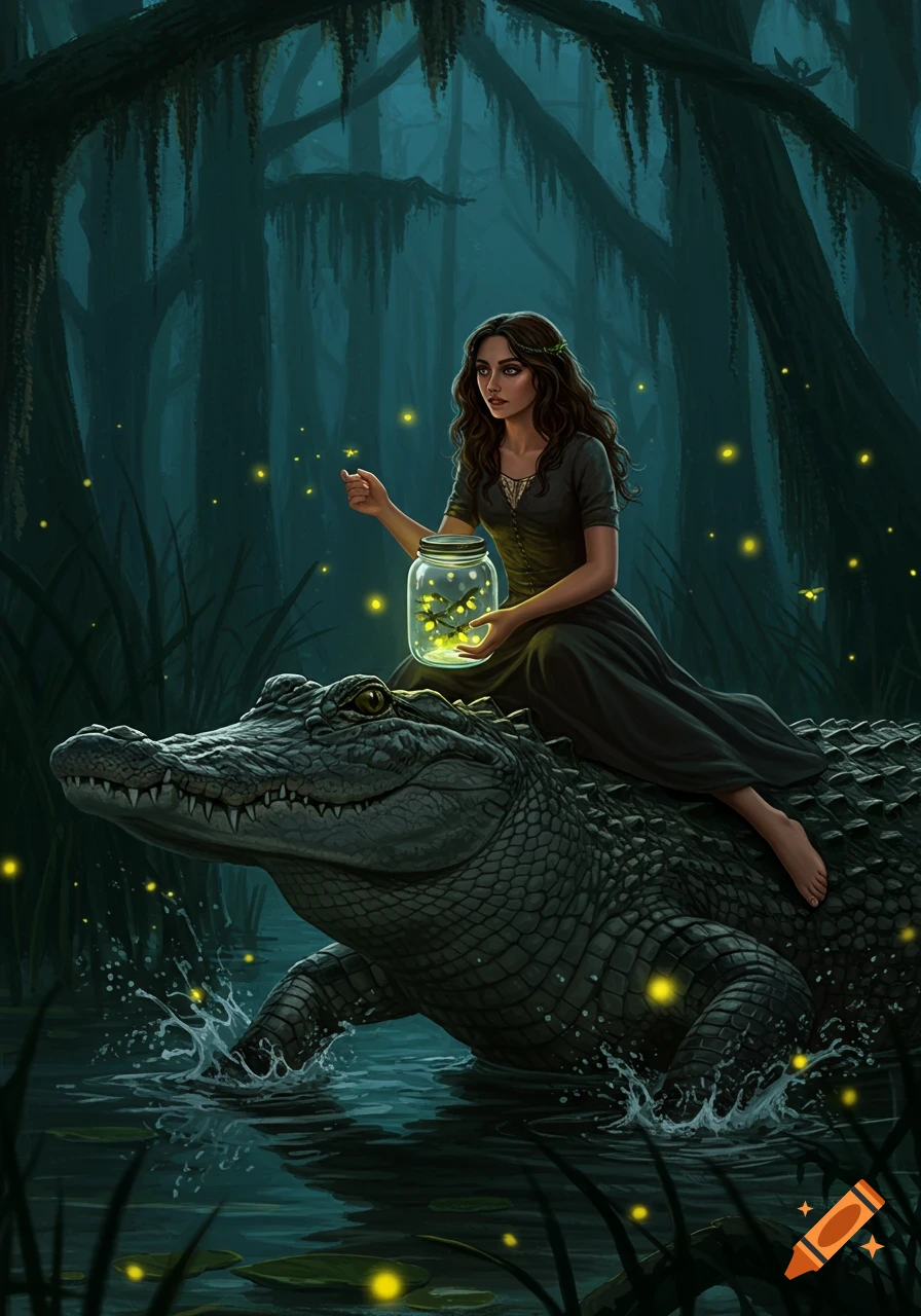 Brunette lady riding an alligator at night holding a mason jar. on Craiyon