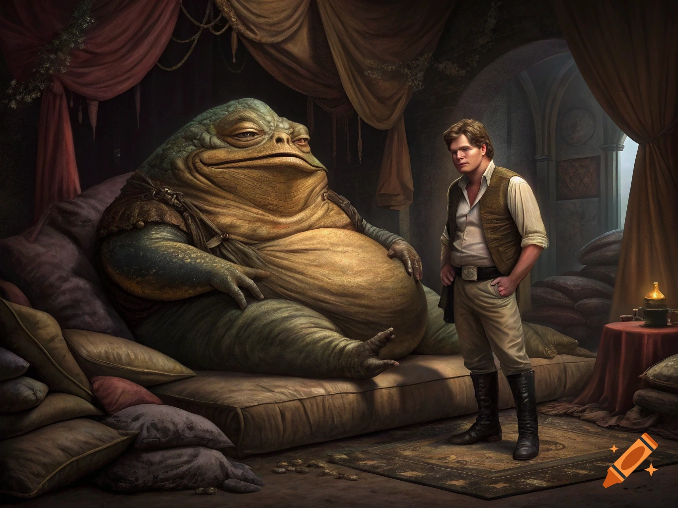Painting of Donald Trump depicted as Jabba the Hutt sitting on a couch ...