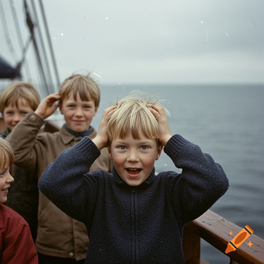Vintage 60s photo of a blonde Swedish boy making a funny face on a ship ...