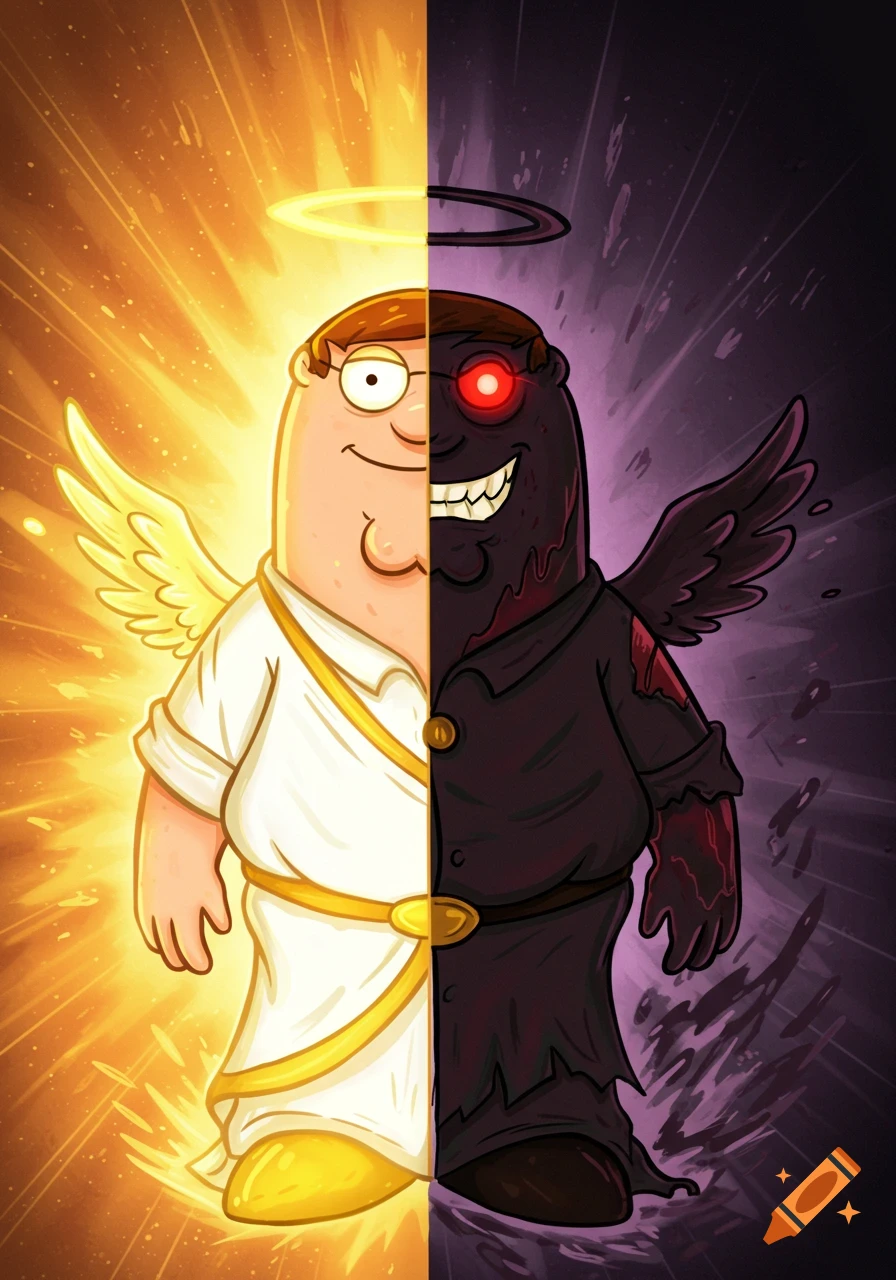 Peter Griffin is split in half, one side angelic with a halo and wings ...