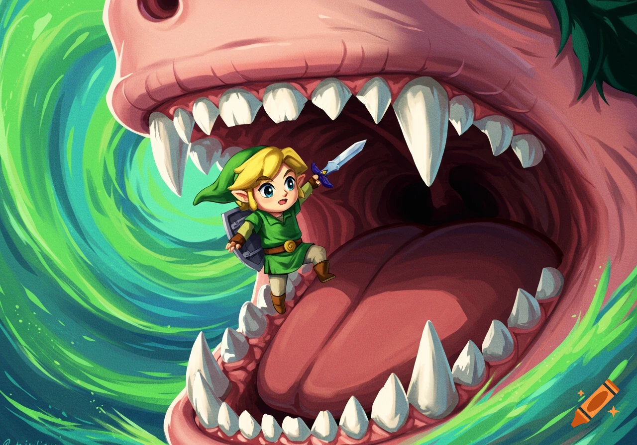 Cartoon Link climbs into a large monster's mouth. on Craiyon